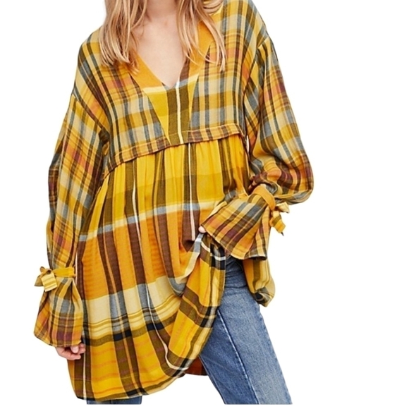 Free People | Dresses | Free People Falling Stars Yellow Plaid Mini ...